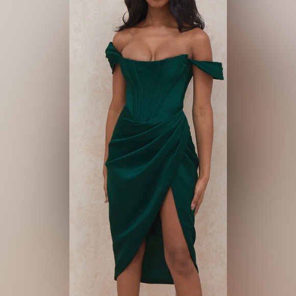Rosedress | Dresses | High Split Ruched Off Shoulder Satin Midi Corset Dress Emerald Green ...